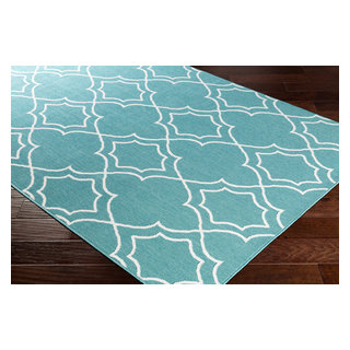 Alfresco Trellis Teal, White Area Rug, 5'3" Round - Mediterranean ...
