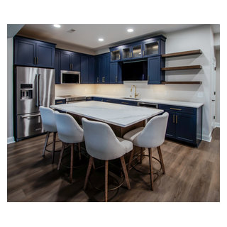 Basement Kitchenette with Navy Cabinets and Verde Peak Quartz ...