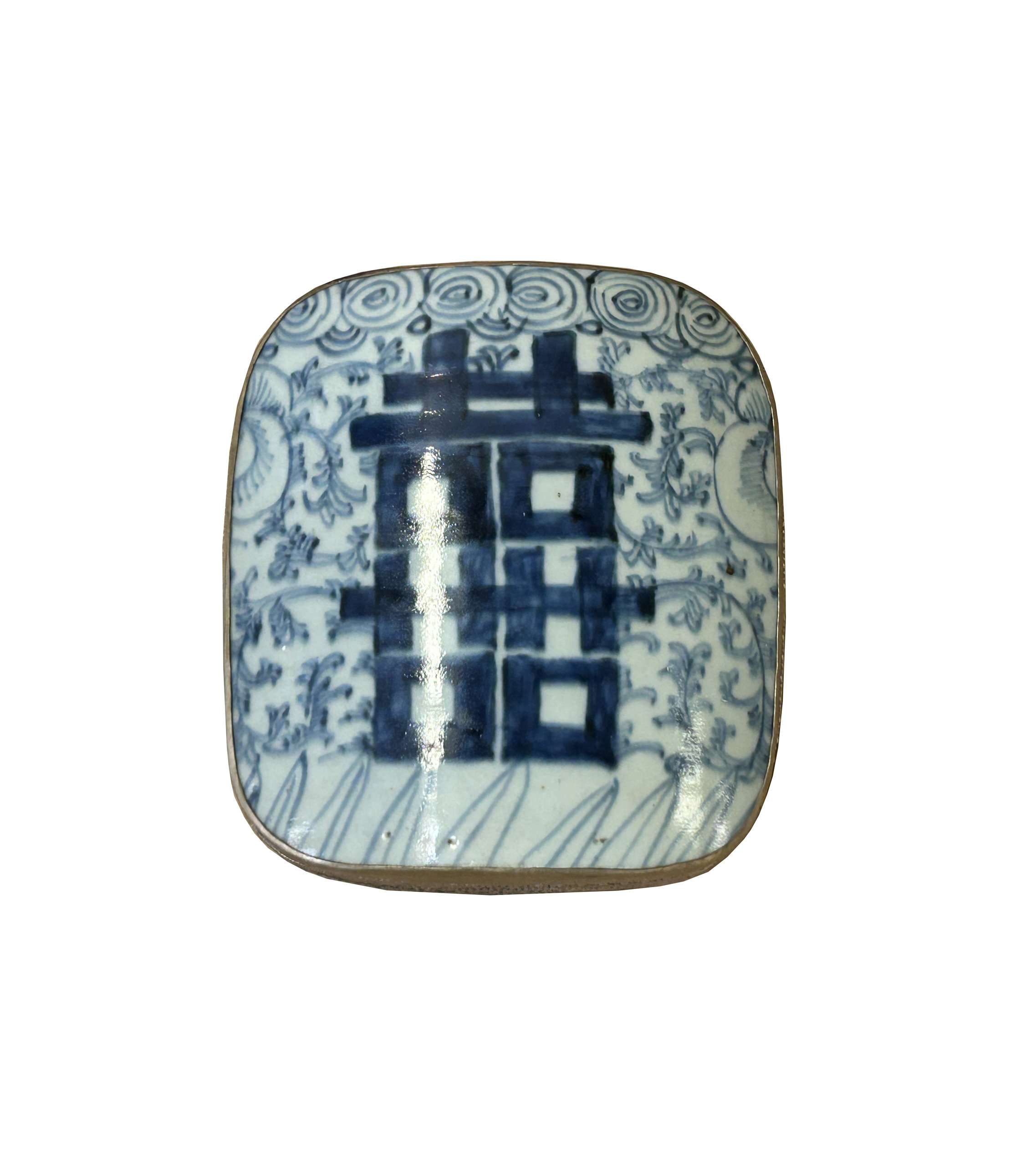 5" Chinese Old White Base Blue Happiness Porcelain Art Pewter Box ...