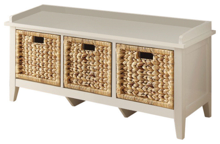 Benzara BM163621 Rectangular Wooden Bench with Storage Basket, White ...