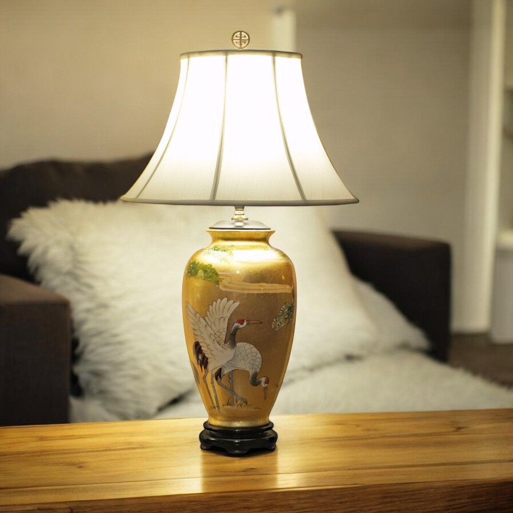 Gold Leaf Longevity Cranes Motif Ceramic Lamp - Asian - Table Lamps ...