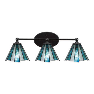Capri 3-Light Bath Bar, Matte Black/Sea Ice Art - Craftsman - Bathroom ...