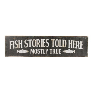 Wooden Wall Art with Fish Stories Told Here Typography, Set of 2, Black ...
