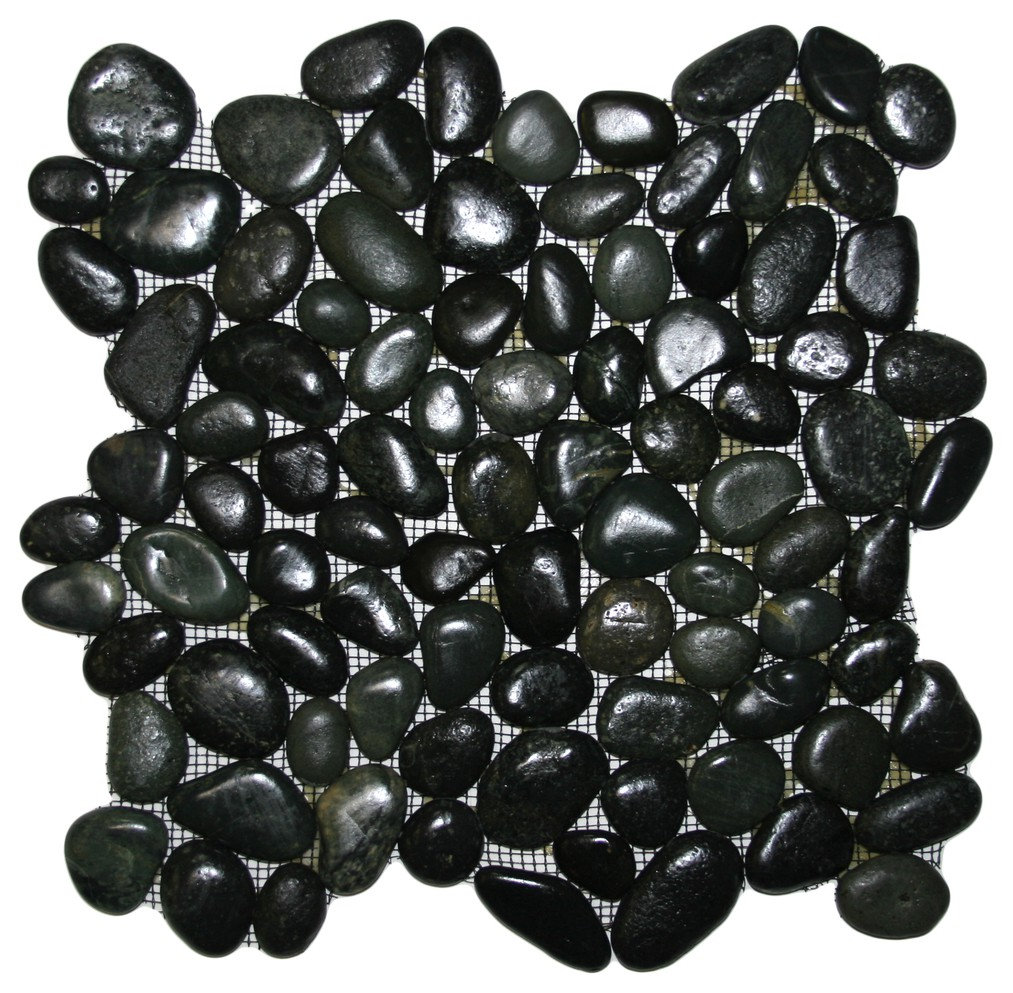 12x12 Glazed Charcoal Black Pebble Tile, Mesh Backing for Shower ...