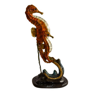 Two Sea Horses Swimming in the Ocean Colored Bronze Statue 13" x 9" x ...
