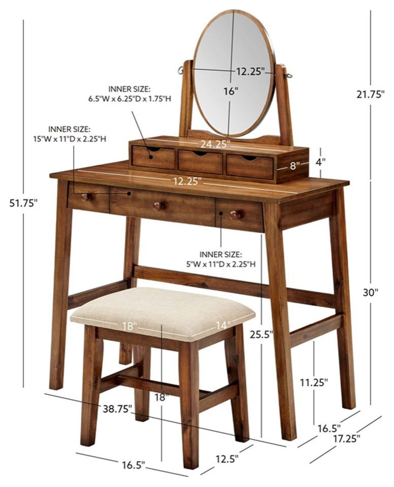 Linon Iris Wood Vanity & Padded Stool Set Oval Mirror 5 Drawers in ...