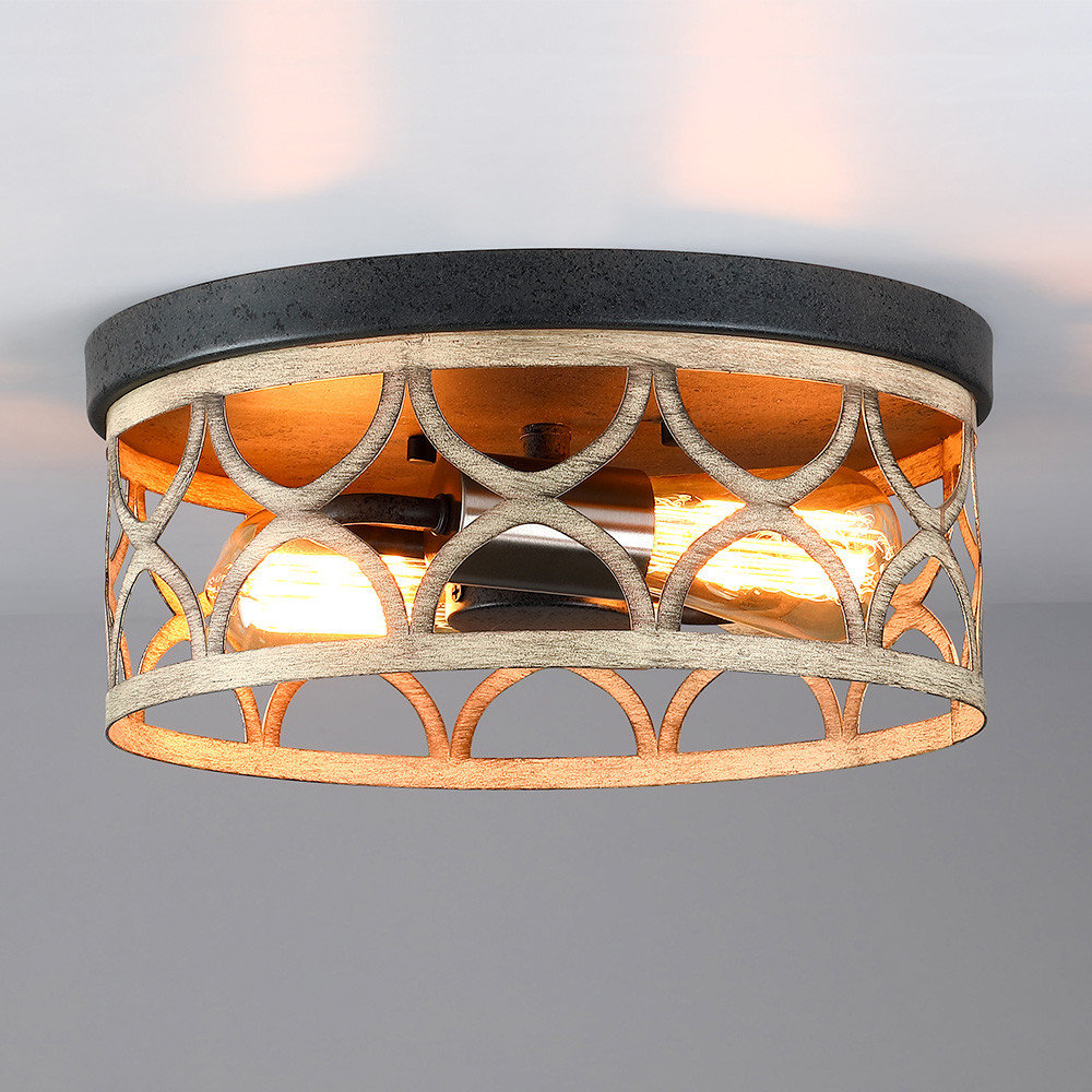 12" W 2-Light Bronze and Wood Tone Flush Mount Ceiling Light ...