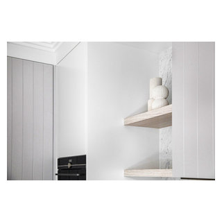 Modern Grey Kitchen with Marble Splashback and Timber Floating Shelves ...
