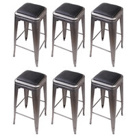 Backless Gunmetal Metal Bar Stools, Vegan Leather Seat, Set of 6 - Industrial - Bar Stools And ...