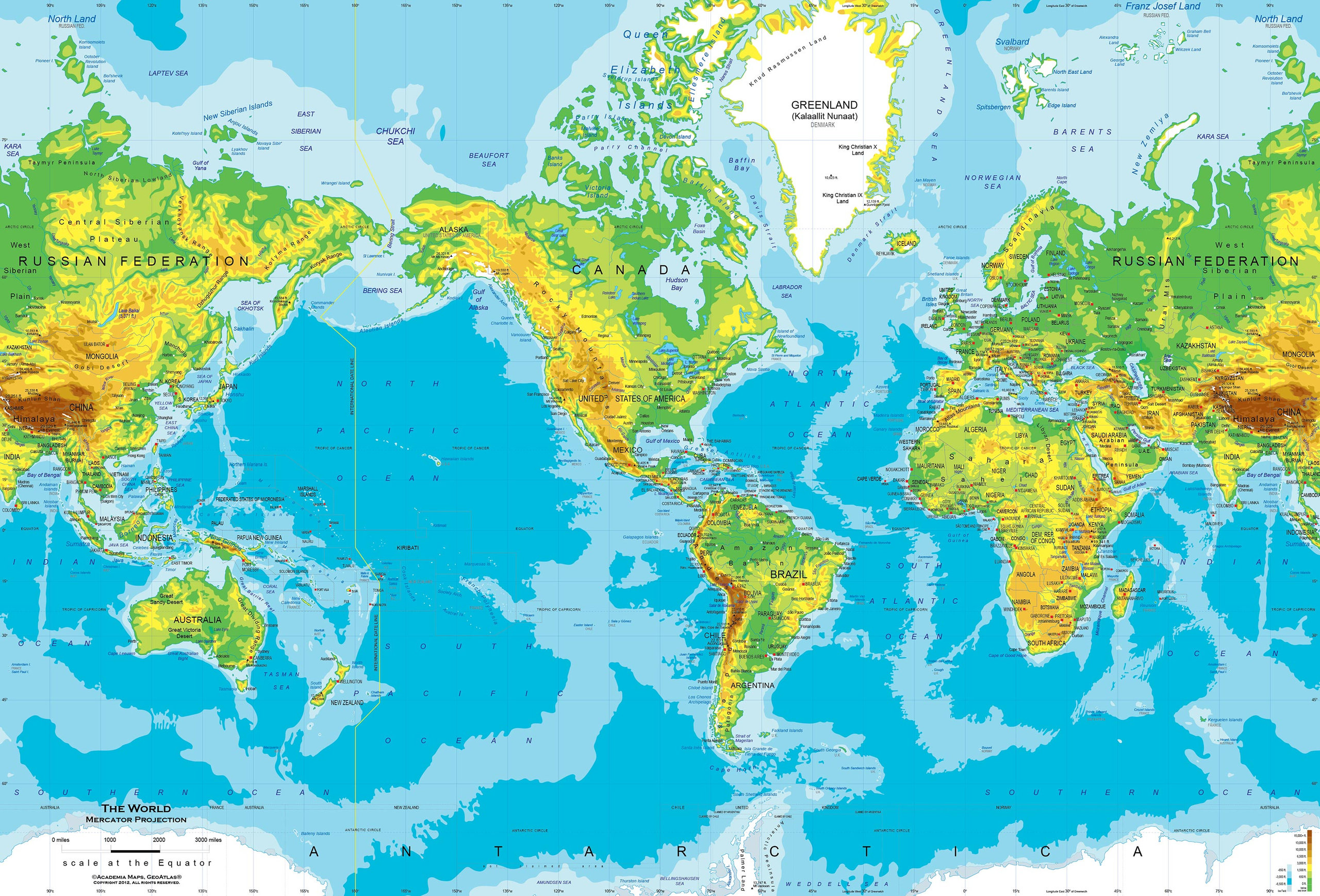 Physical World Map Wall Mural - Mercator Projection, Peel & Stick, 166 ...