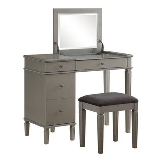 Traditional Vanity Table & Bench Set with Mirror, Drawers & Upholstered ...