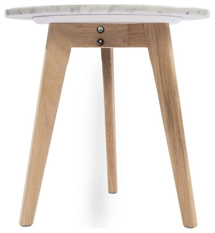 Cherie 15" Round Italian Carrara White Marble Side Table with Oak Legs ...
