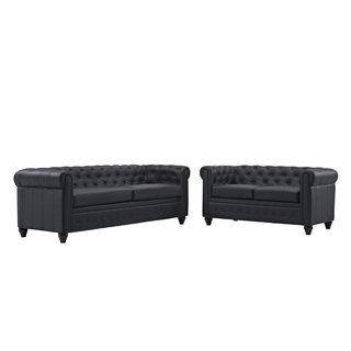 Modern Contemporary Vinyl Living Room 2-Piece Set, Black, Fabric ...