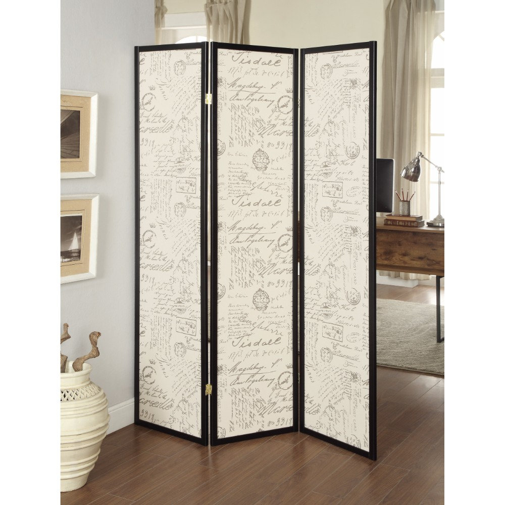 Three Panel Folding Floor Screen With Postal Script Panels, Brown ...