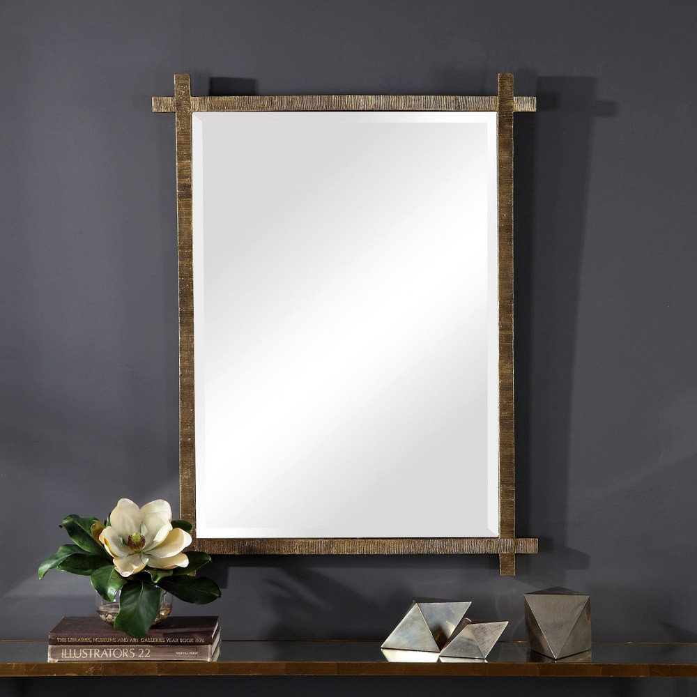 Rustic Rectangular Wall Mirror in Antique Gold Finish Ribbed Texture ...