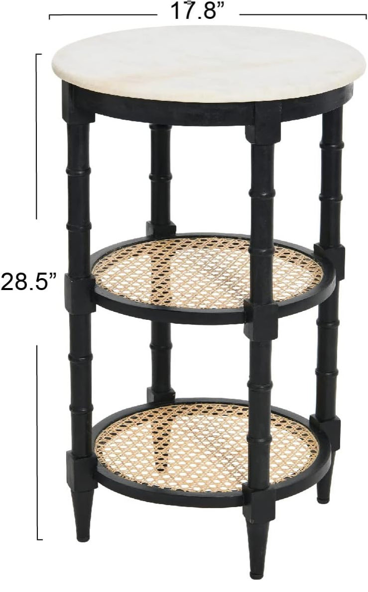 Transitional End Table, Round Design With Faux Marble Top & Rattan Tiers - Tropical - Side ...
