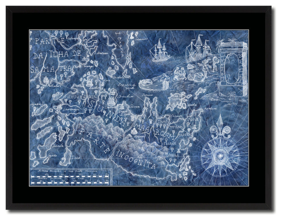 Land Vintage Vivid Map Print On Canvas With Black Custom Frame, 16" X ...
