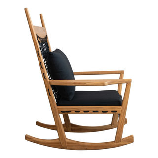 Teakwood and Woven Rope Rocking Chair With Cushions, Black and Natural ...