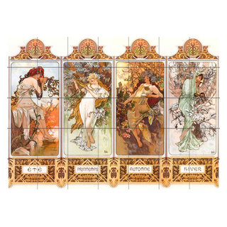 Tile Mural Kitchen Backsplash - Seasons - by Alphonse Mucha, 29.75" W x ...