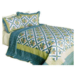 Green Lawn Cotton 3pc Vermicelli Quilted Striped Printed Quilt Set Full