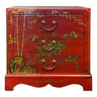 Chinese Red Vinyl Flower Birds 3 Drawers End Table Nightstand Hcs6199 ...
