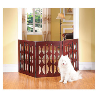 Emma Three Panel, 32 inch Pet Gate with Geometric Design in Mahogany ...
