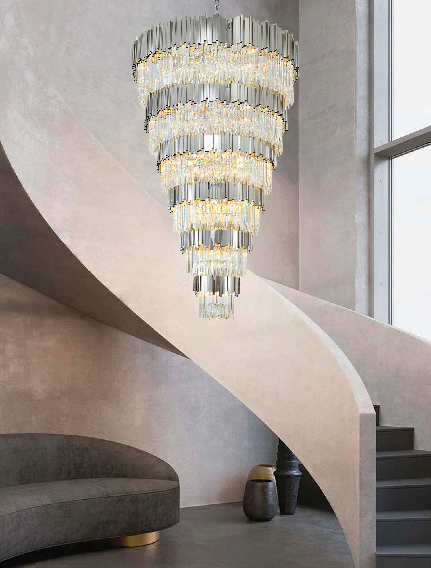 D60" 6-Tier Chrome Frame Chandelier With Clear Hanging Crystals ...