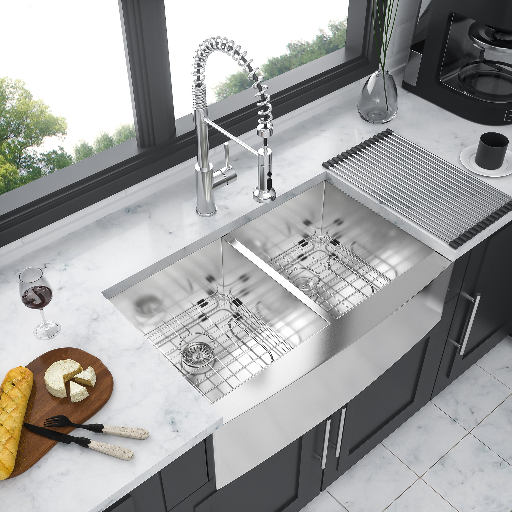 Stainless Steel Double Bowl Farmhouse Kitchen Sink, Sink Grid, 33" X 20 ...