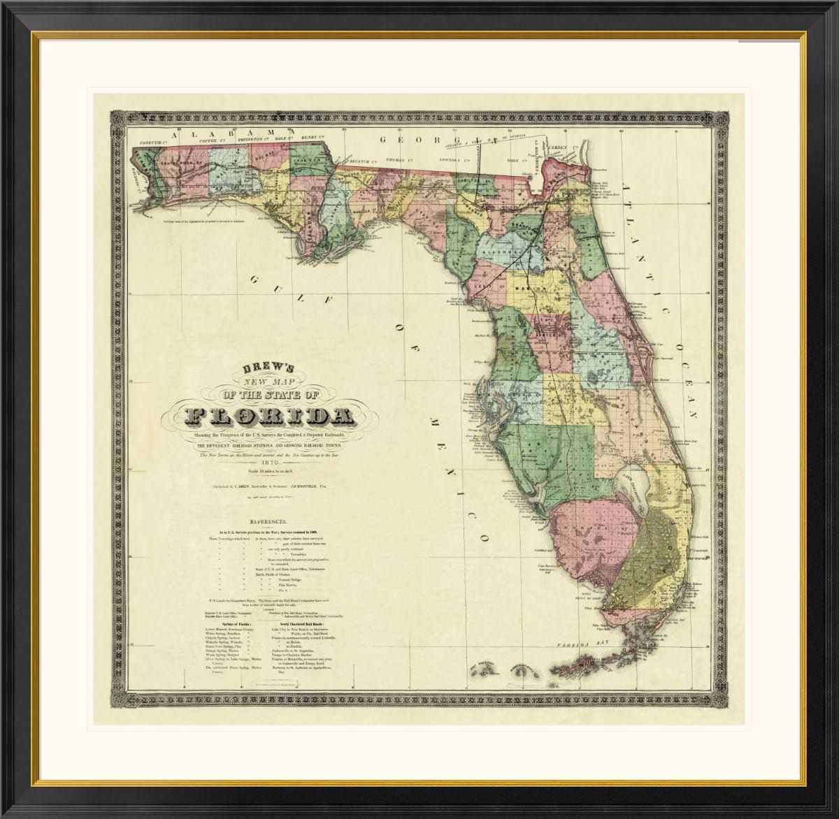 "New Map of The State of Florida, 1870" Framed Print by Columbus Drew ...
