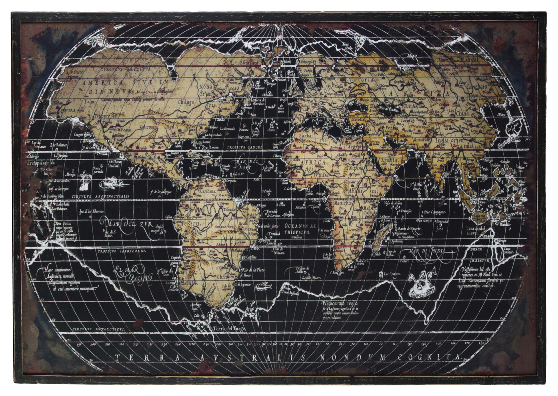 Wooden Giclee Printed World Atlas Frame with Distressed Look, Black ...