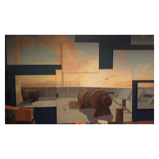 Mural of nautical scene - cargo ship on ocean and oil rig - Orange ...