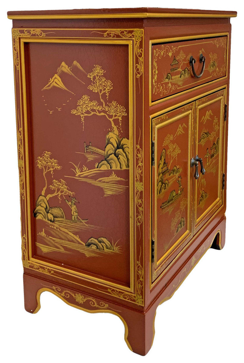 30"H. Asian Shoe Cabinet Hand Painted Landscape on Antique Red - Asian ...