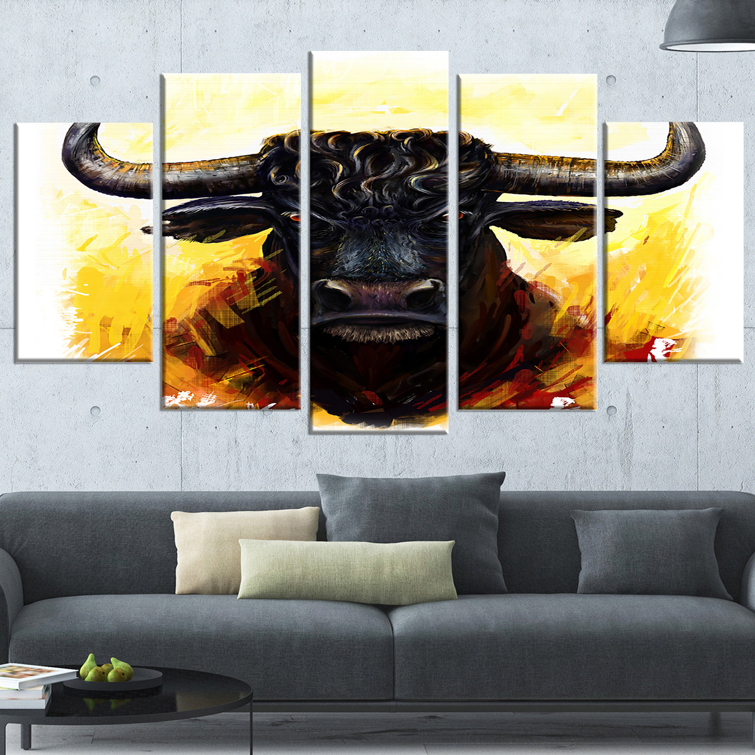 "Fierce Bull Illustration" Animal Canvas Print, 60"x32" - Contemporary ...