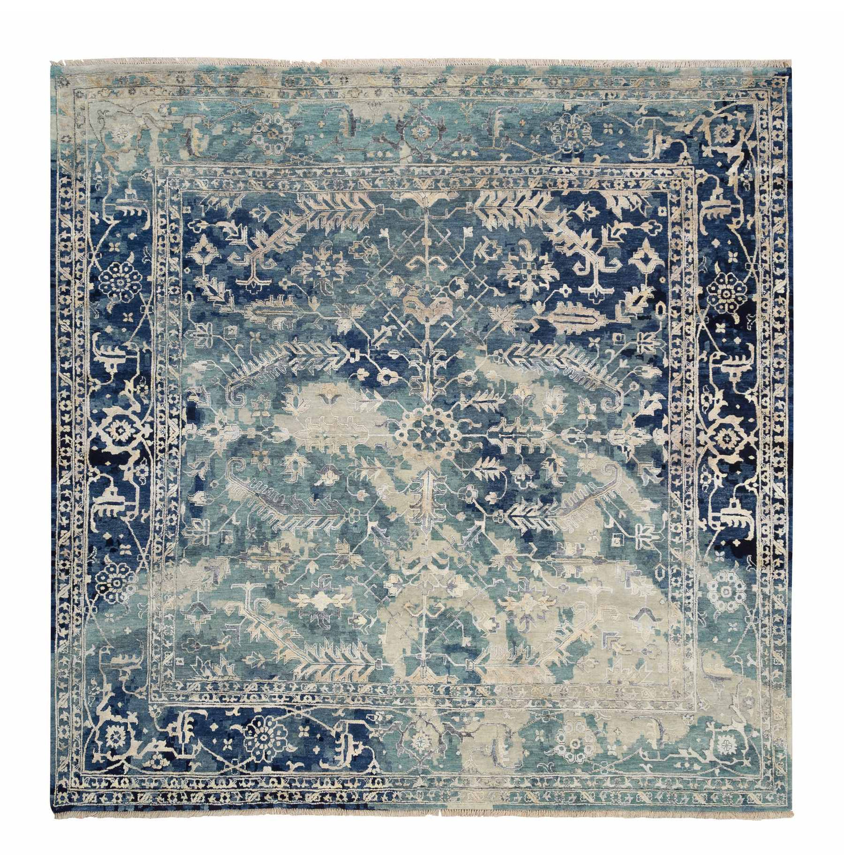 Blue/Teal Persian Heriz Erased Wool And Silk Hand Knotted Square Rug ...