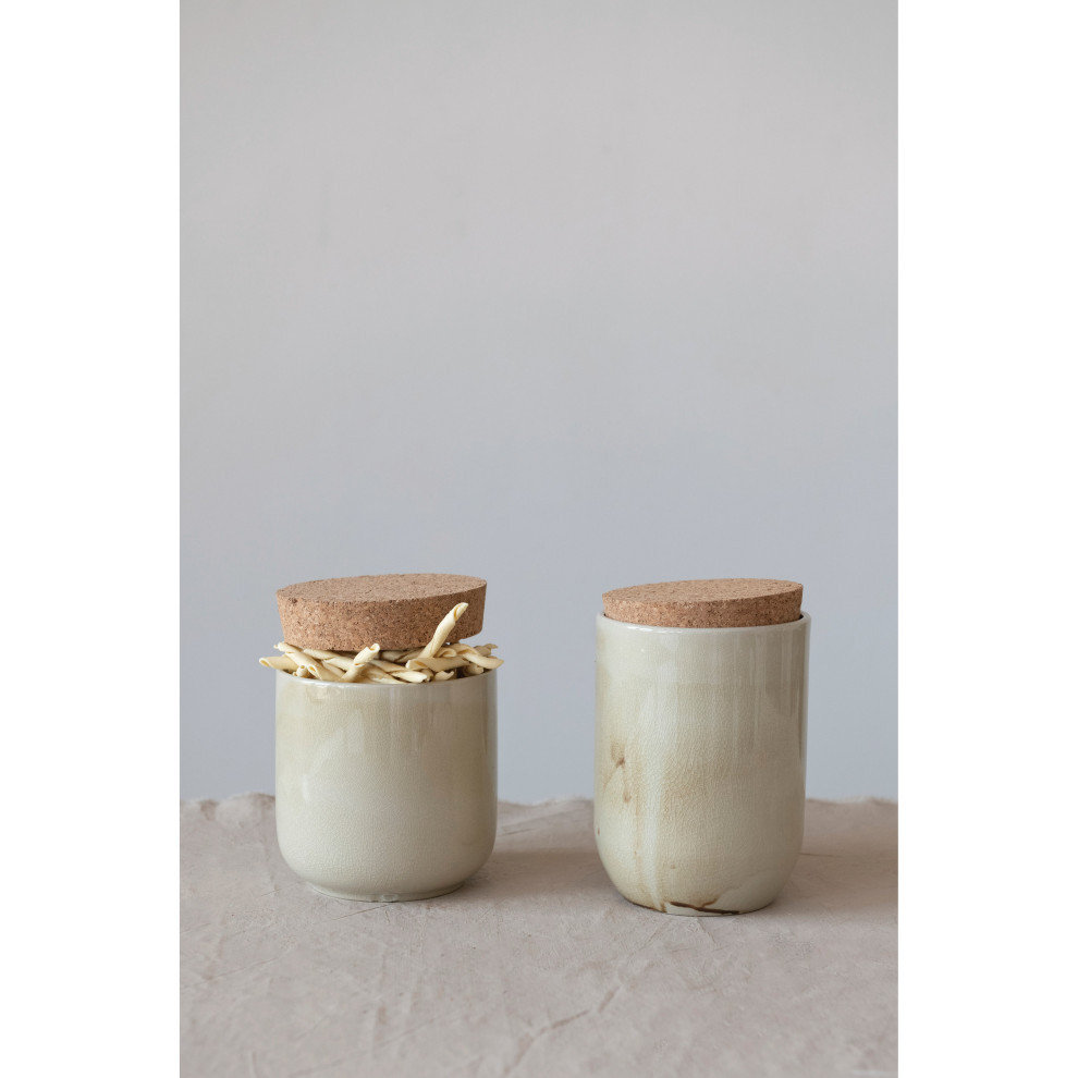 4-1/2" Round x 7"H Stoneware Jar With Cork Lid, Reactive Glaze, Marbled ...