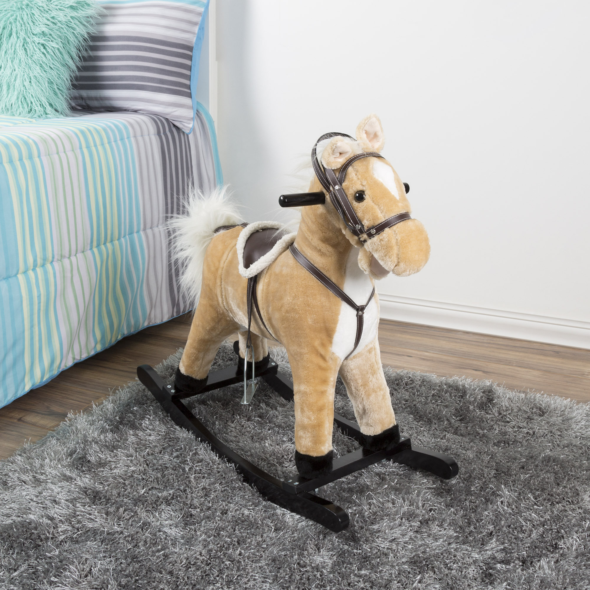 Rocking Horse Plush Animal Wooden Rocker With Sounds, Stirrups, Saddle ...