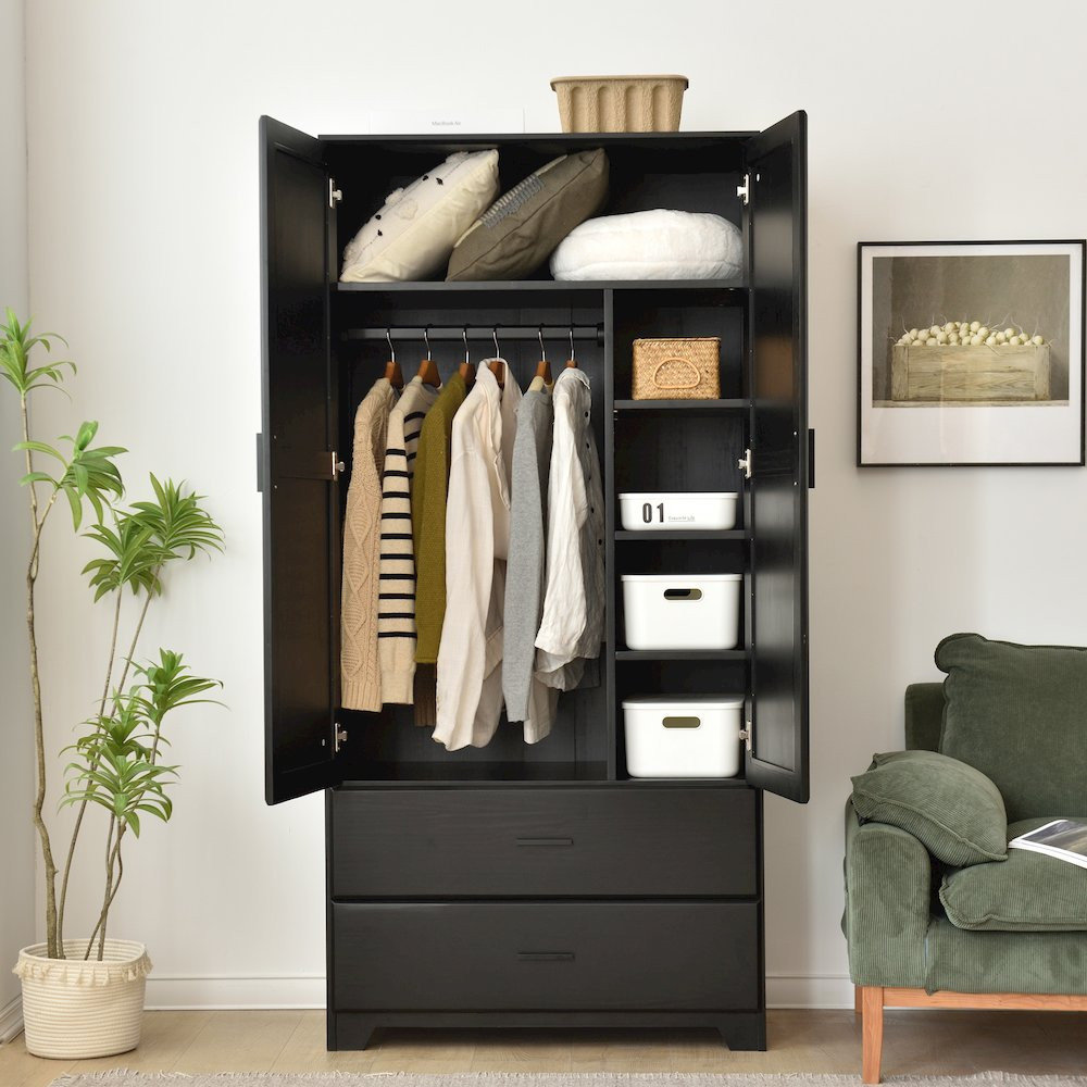 Pine Wood Closet with Raised Doors and Two Drawers (Black ...