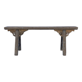 Chinese Rural Village Rustic Slim Scroll Apron Wood Seating Bench ...