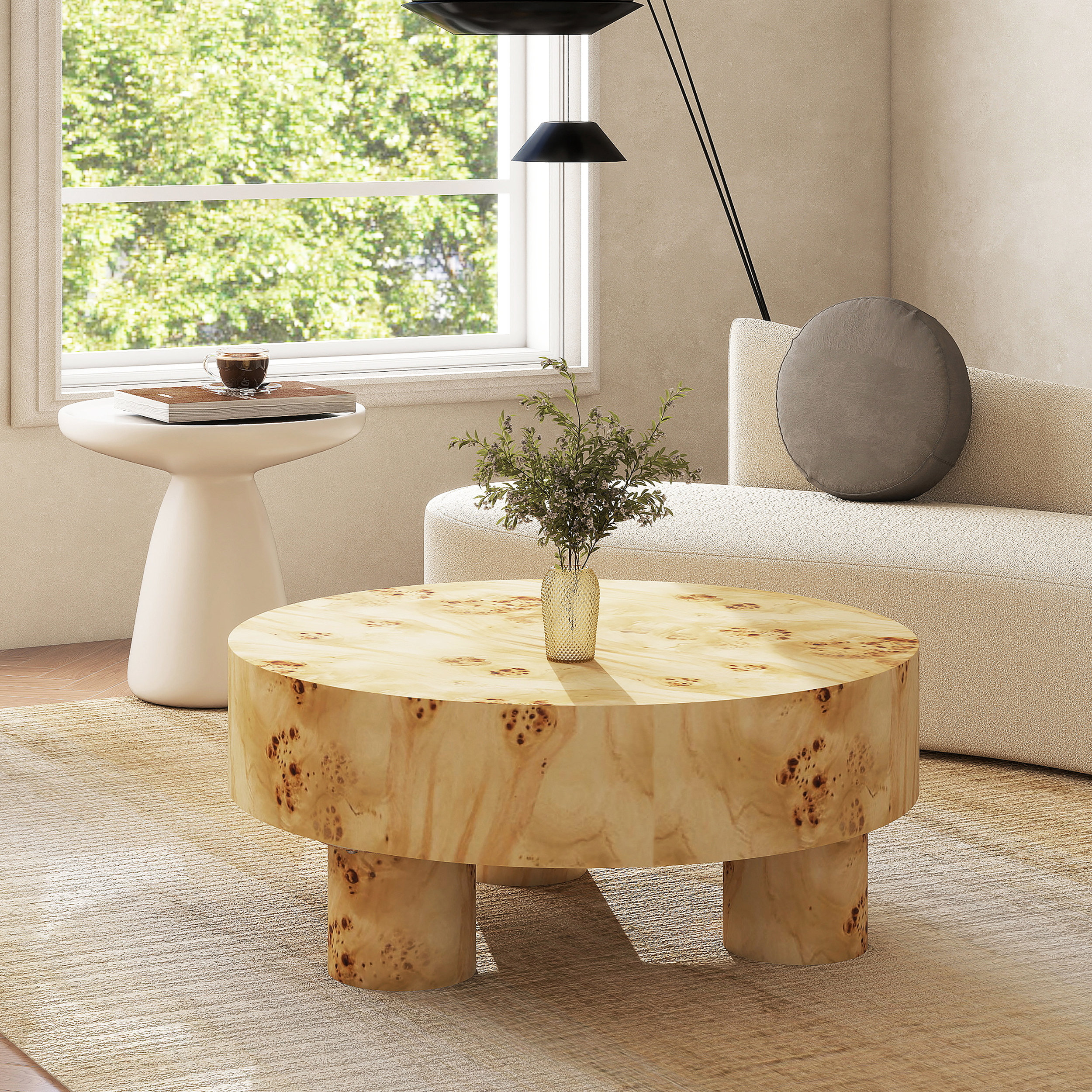 Nebula 35.5" Burl Wood Round Pillar Leg Coffee Table, Warm Natural ...