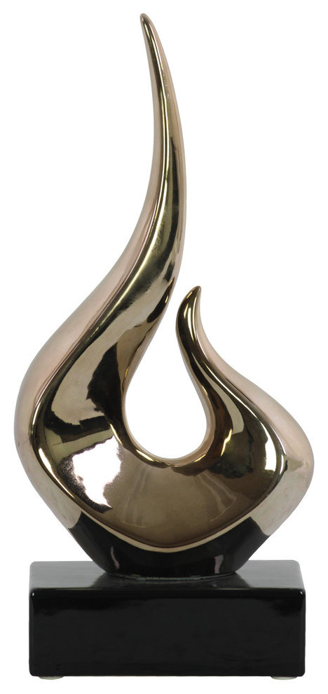 Abstract Swirl Sculpture on Black Rectangular Base, Ceramic, Gold ...
