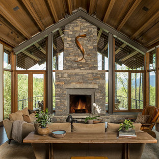 75 Beautiful Contemporary Sunroom With A Stone Fireplace Pictures ...