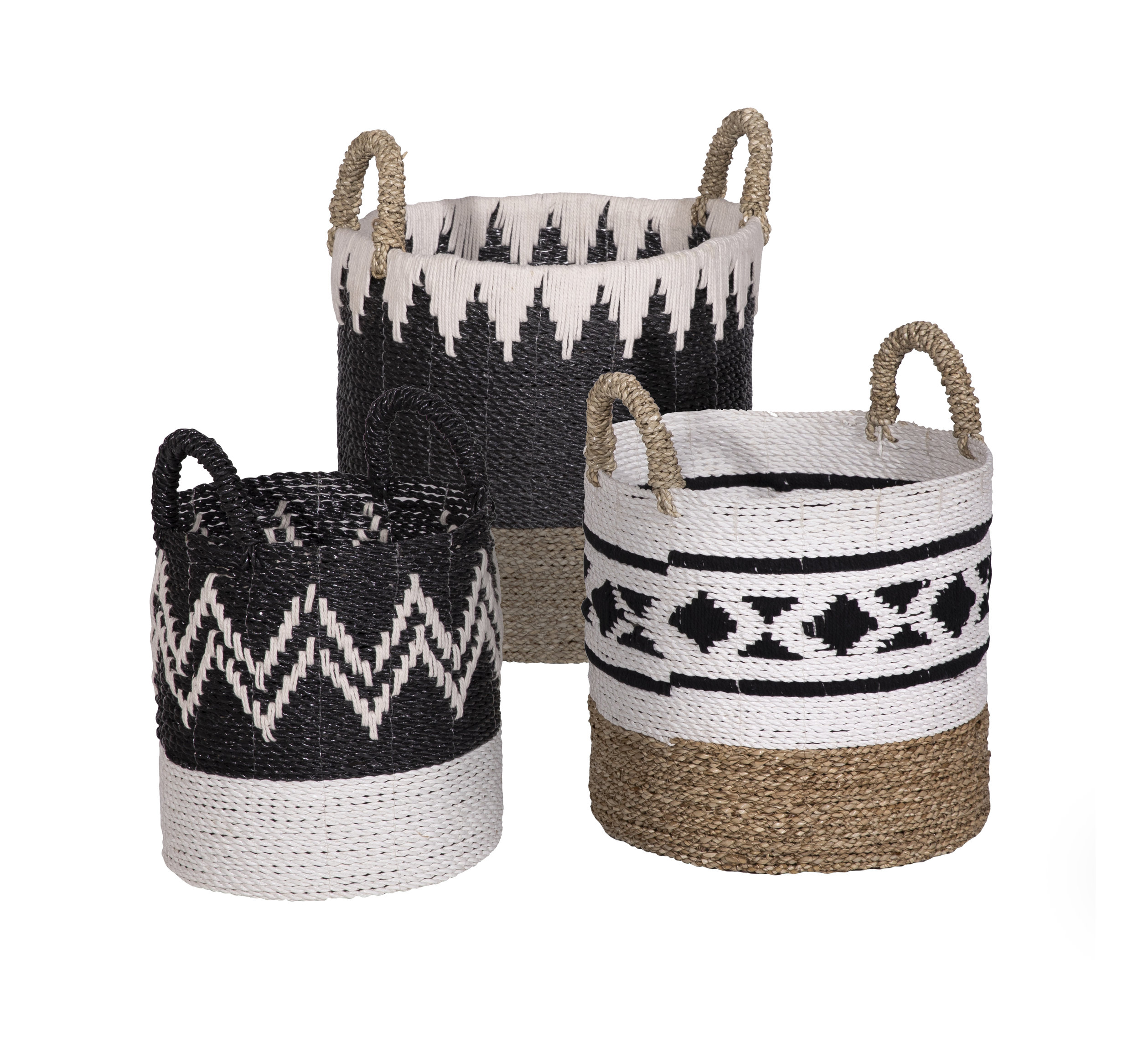 Manilo Hand Woven Tri-Colored Seagrass and Cotton Storage Baskets, Set ...