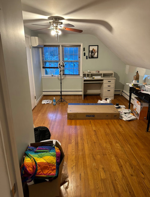 Home office with slanted ceilings