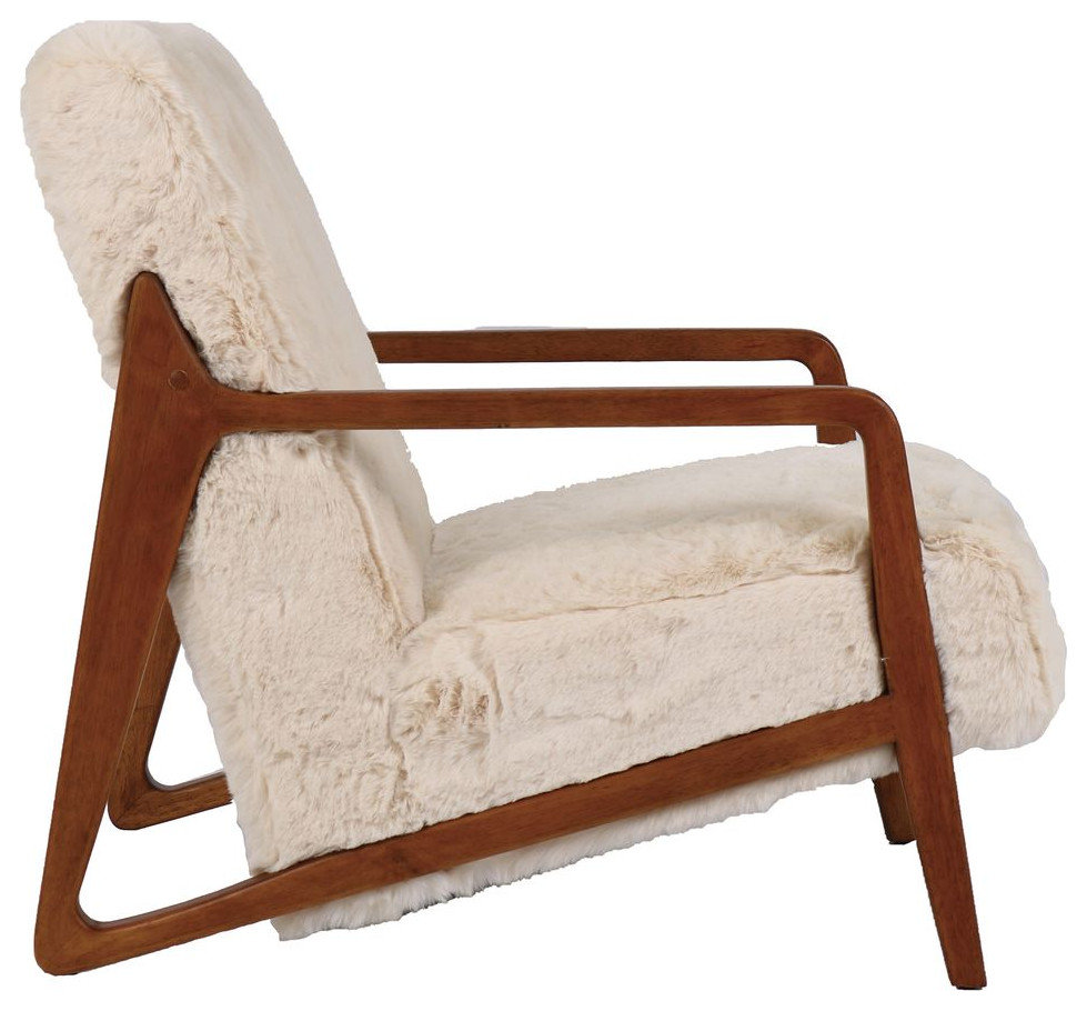 Faux Fur Upholstered Chair With Rubberwood Frame, Cream Color and Oak ...