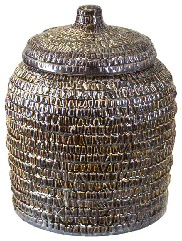 Textured decorative Ceramic Covered Jar, Brown - Transitional ...
