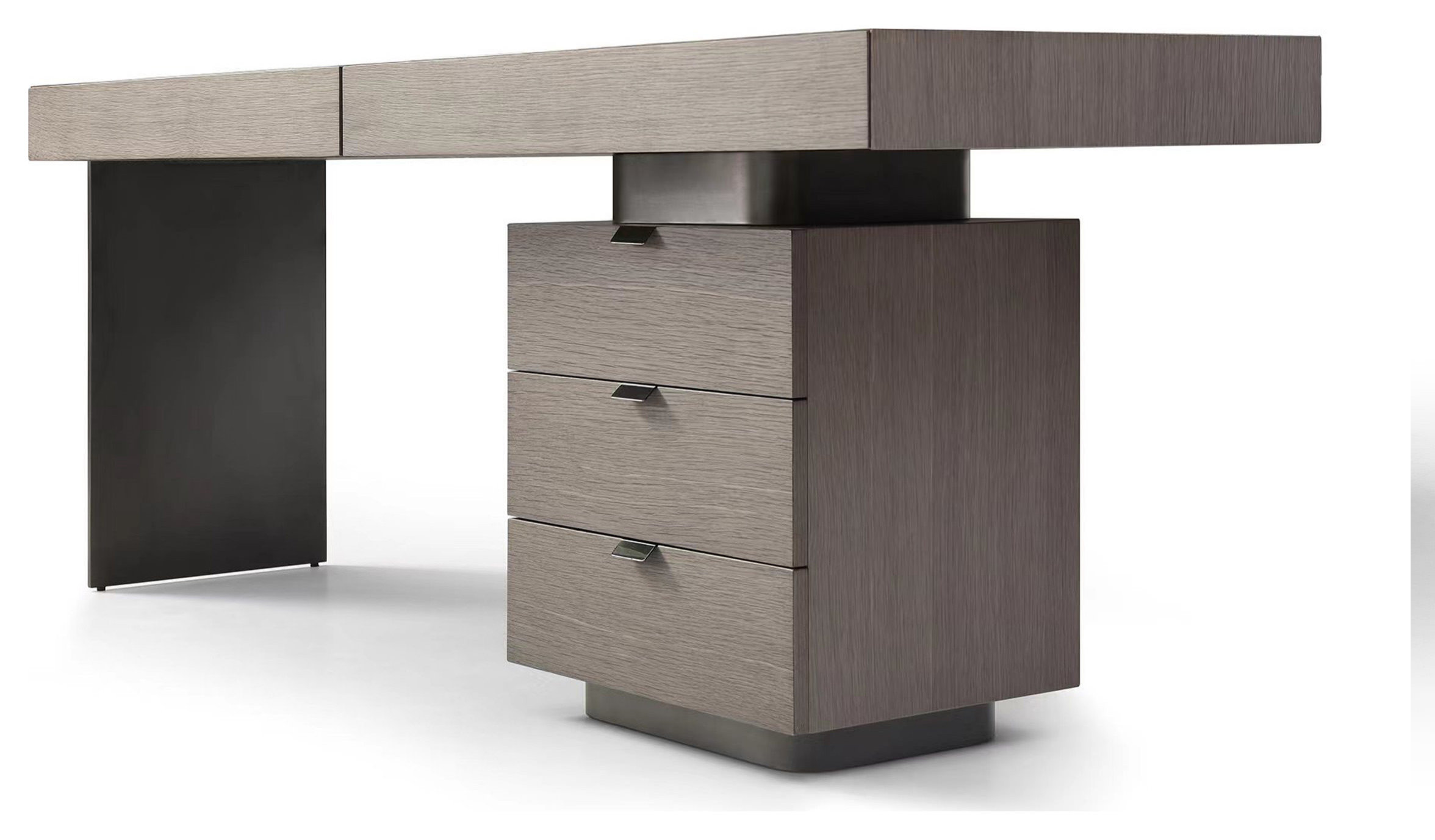 Alma Desk, Grey Oak Veneer With five drawers and Solid Grey Metal base ...