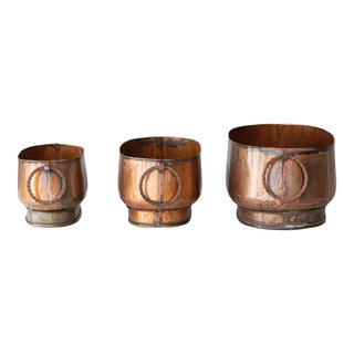 3-Piece Oval Metal Planters With Ring Handles, Antique Copper Finish ...