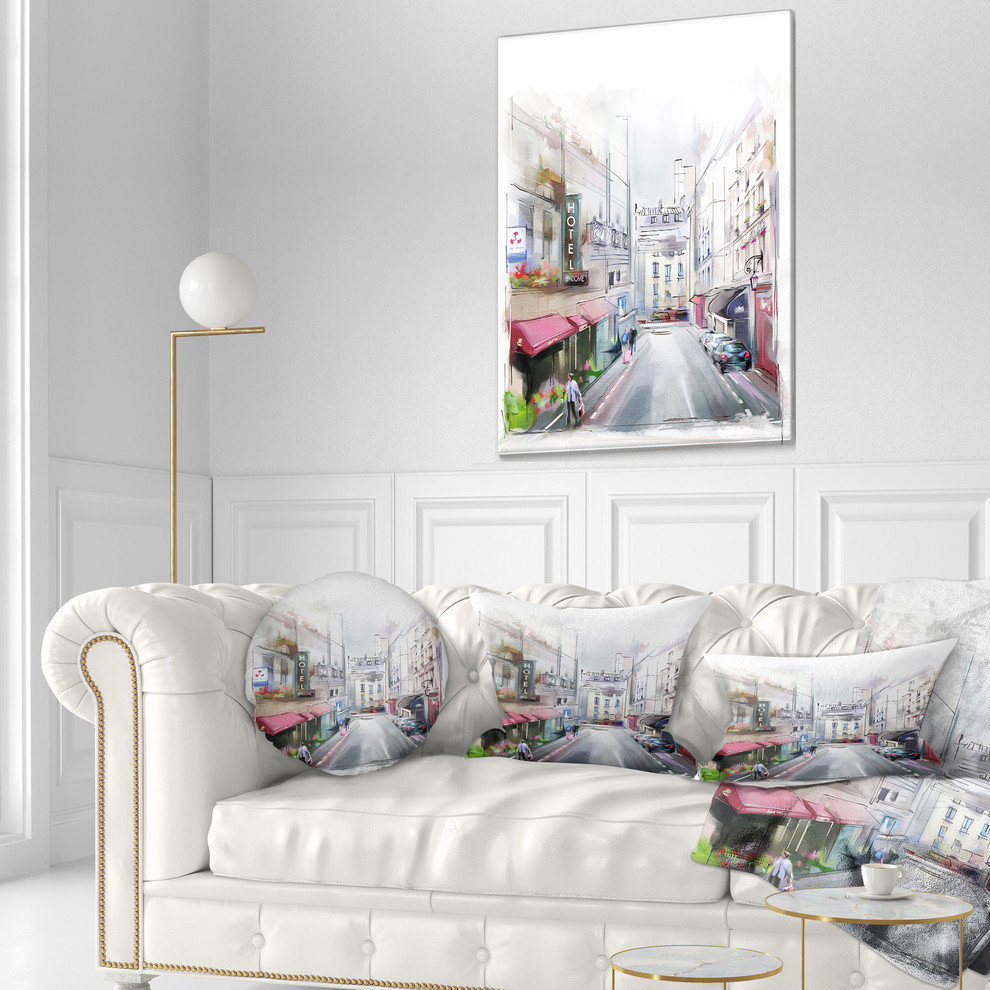 City Street Illustration Cityscape Throw Pillow, 12"x20 - Contemporary ...