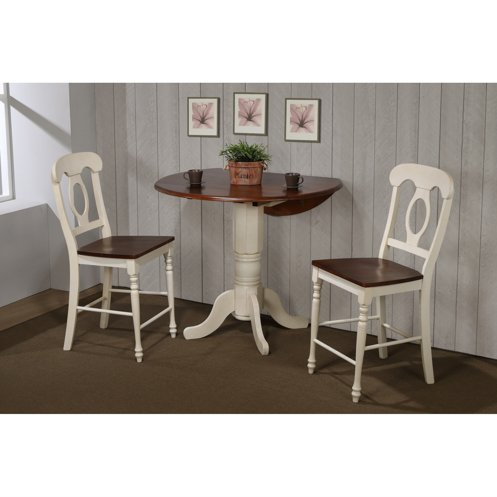 3-Piece 42" Round Pub Table Set, Antique White/Chestnut Brown, Napoleon ...