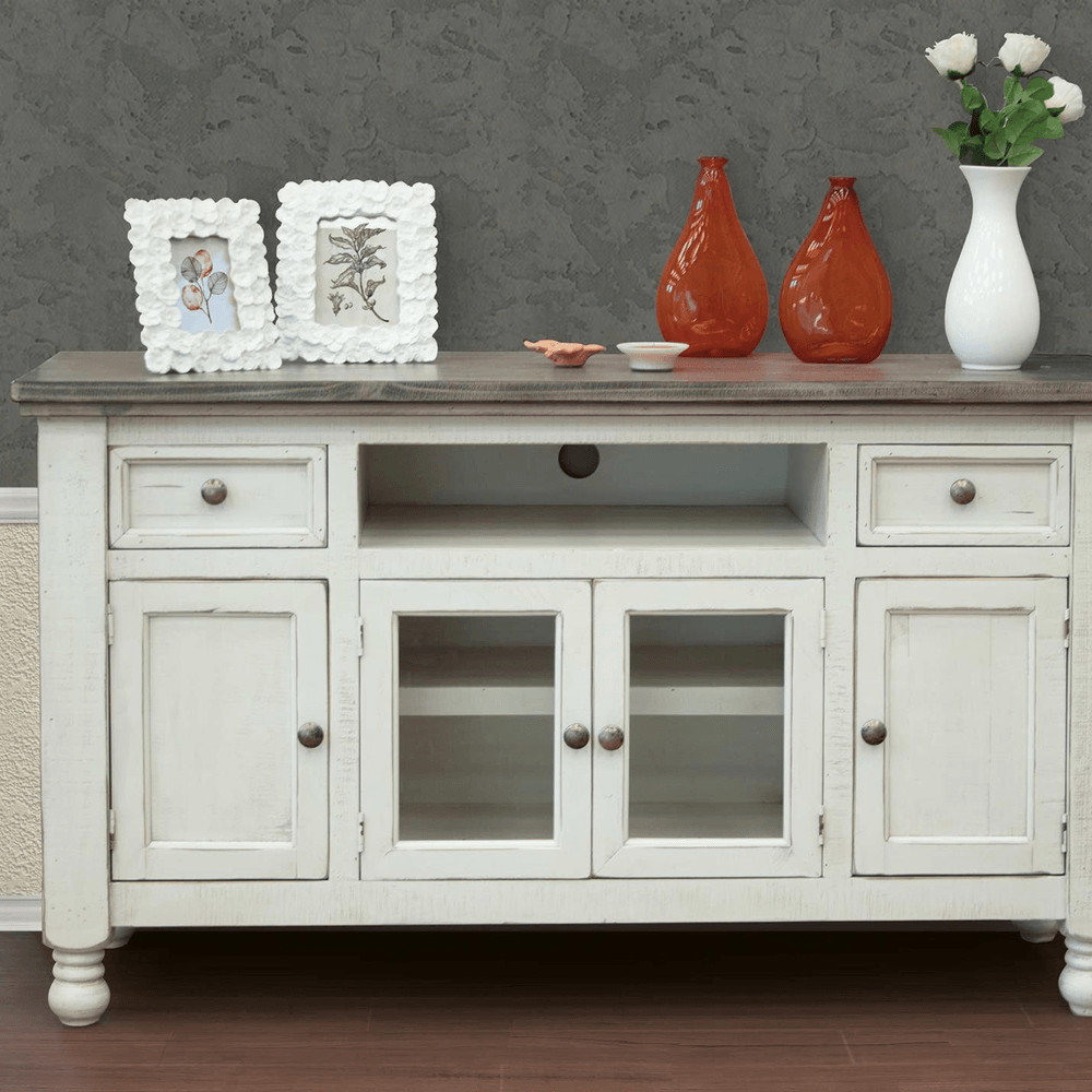 60" Ivory Solid Wood Open shelving Distressed TV Stand - French Country ...